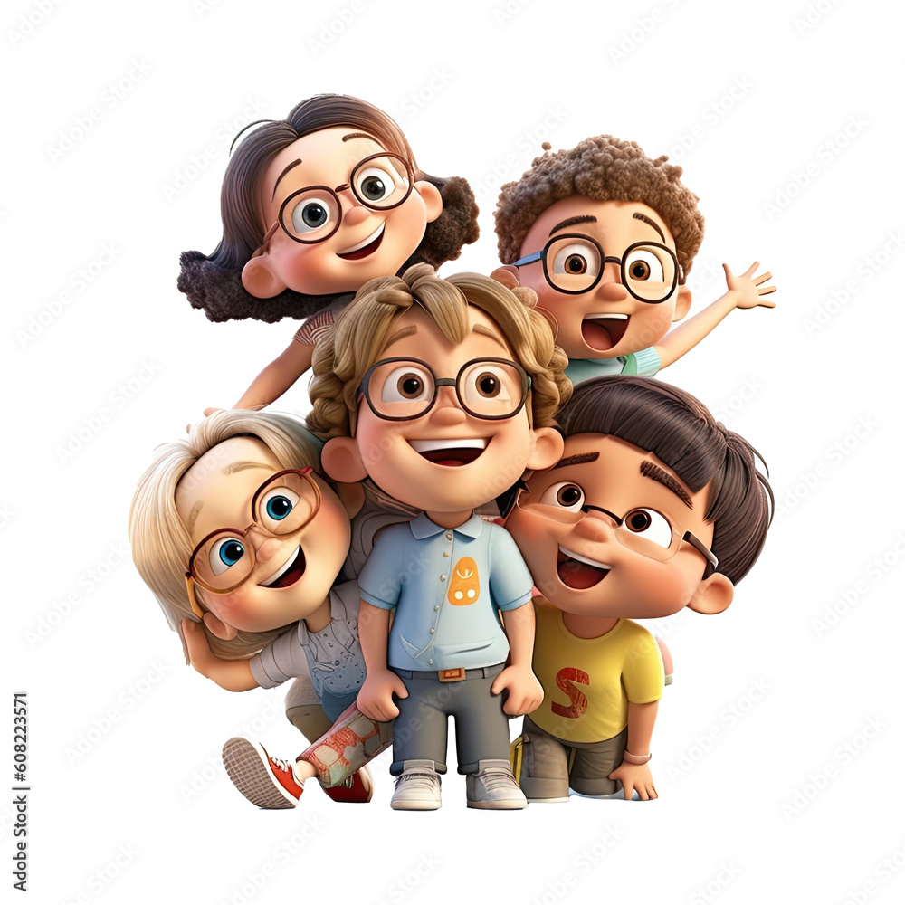 3D cartoon group of little children on transparent background ...