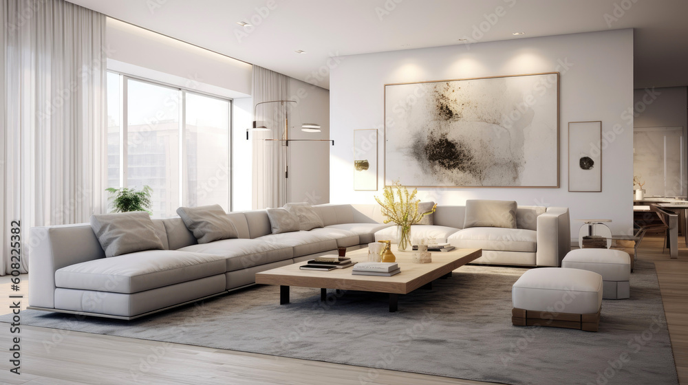 Spacious living area with clean lines, a neutral color palette, and ...