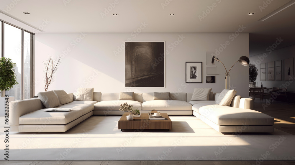 ภาพประกอบสต็อก Spacious living area with clean lines, a neutral color ...