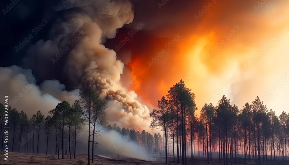 Huge clouds of smoke from forest fire rise into sky. Fire burned all ...