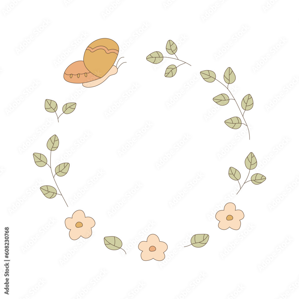 Groovy circle frame in retro colors. Boho, hippie border with butterfly ...