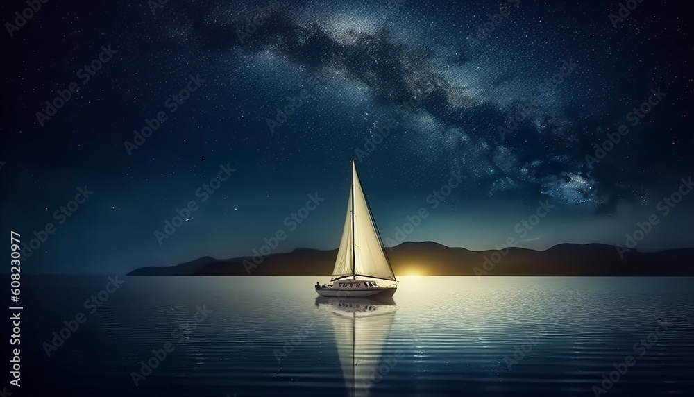 Lone sailing yacht under starry night sky. Sail boat floating under ...