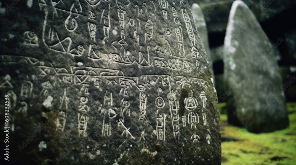 Carved into the weathered surface of an ancient stone tablet, arcane ...