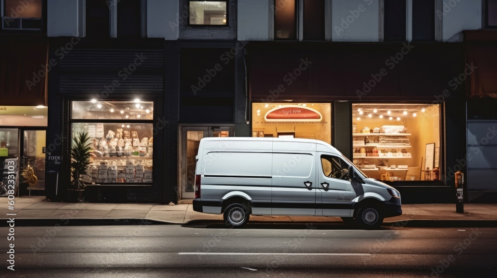 A delivery van sits parked outside a storefront, patiently waiting to ...