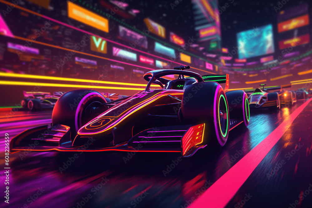 Formula One Car with Neon Light Speed Track Created with Generative AI ...