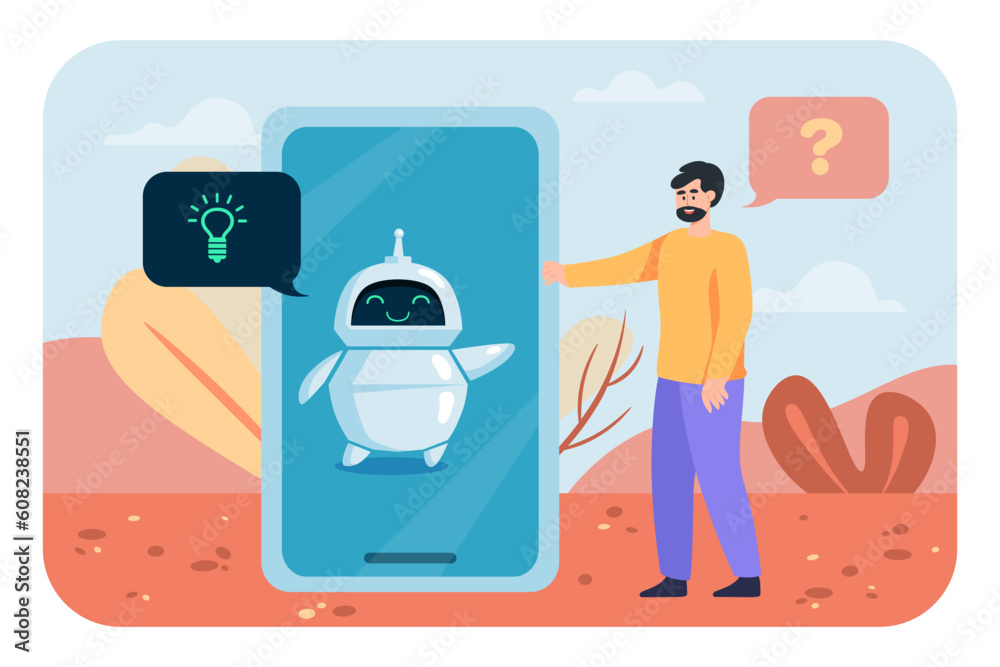 Man asking chatbot for help vector illustration. Virtual assistant ...
