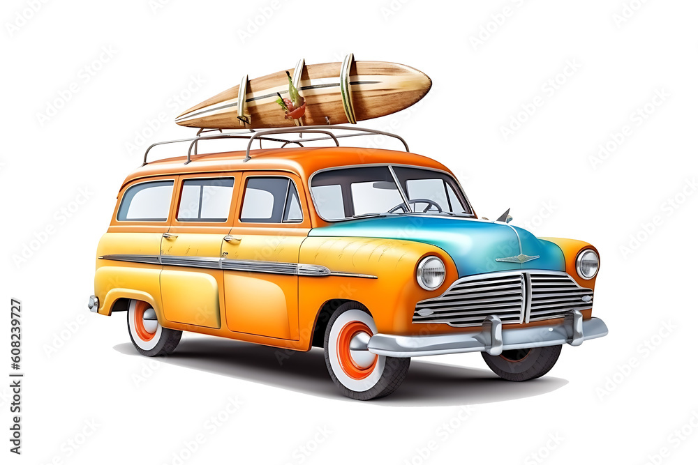 vintage car with surfboard isolated on transparent background ...