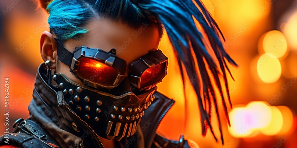 futuristic punk woman in the dark night with gas mask, fictional person ...