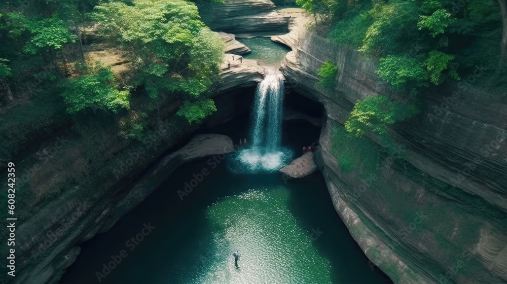 Gushing forth from a hidden source, the mystical waterfall carves a ...