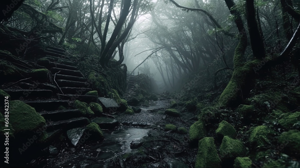 Within the depths of Japan's haunted forest, an eerie stillness hangs ...