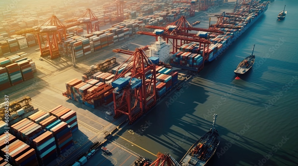In the bustling shipping port, towering cranes reach towards the sky ...