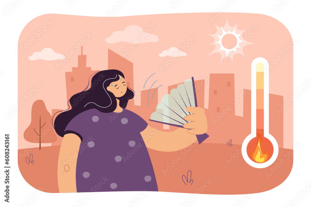 Sweating woman with fan in hot weather vector illustration. Cartoon ...