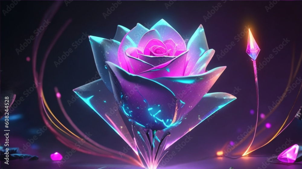 Neon glowing Crystal rose bioluminescent neon light rays, exploding ... Neon glowing Crystal rose bioluminescent neon light rays, exploding ...