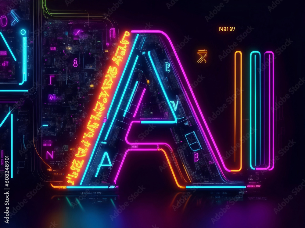 AI alphabet with colorful neon and technology network elements ...