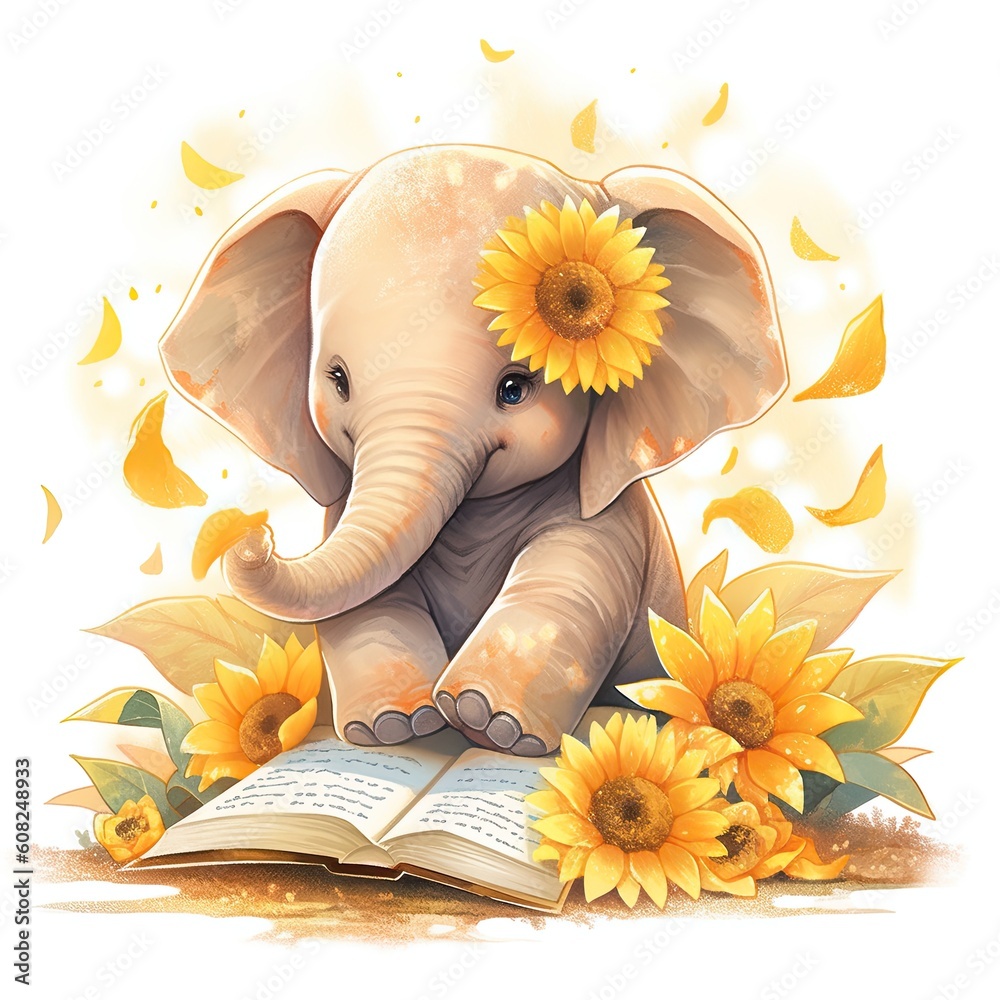 Baby elephant with sunflowers and books watercolor animals illustration ...