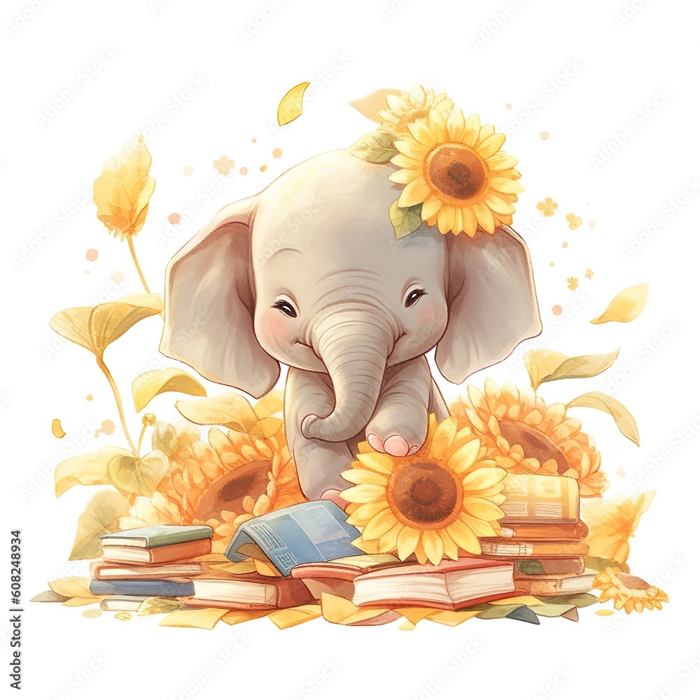 Baby elephant with sunflowers and books watercolor animals illustration ...