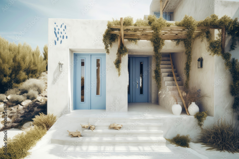 Mediterranean style white elegant house exterior with blue door and ...