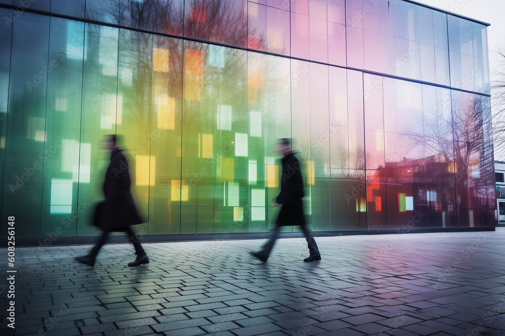 Blurred people in a rush pass in front of a modern building with ...