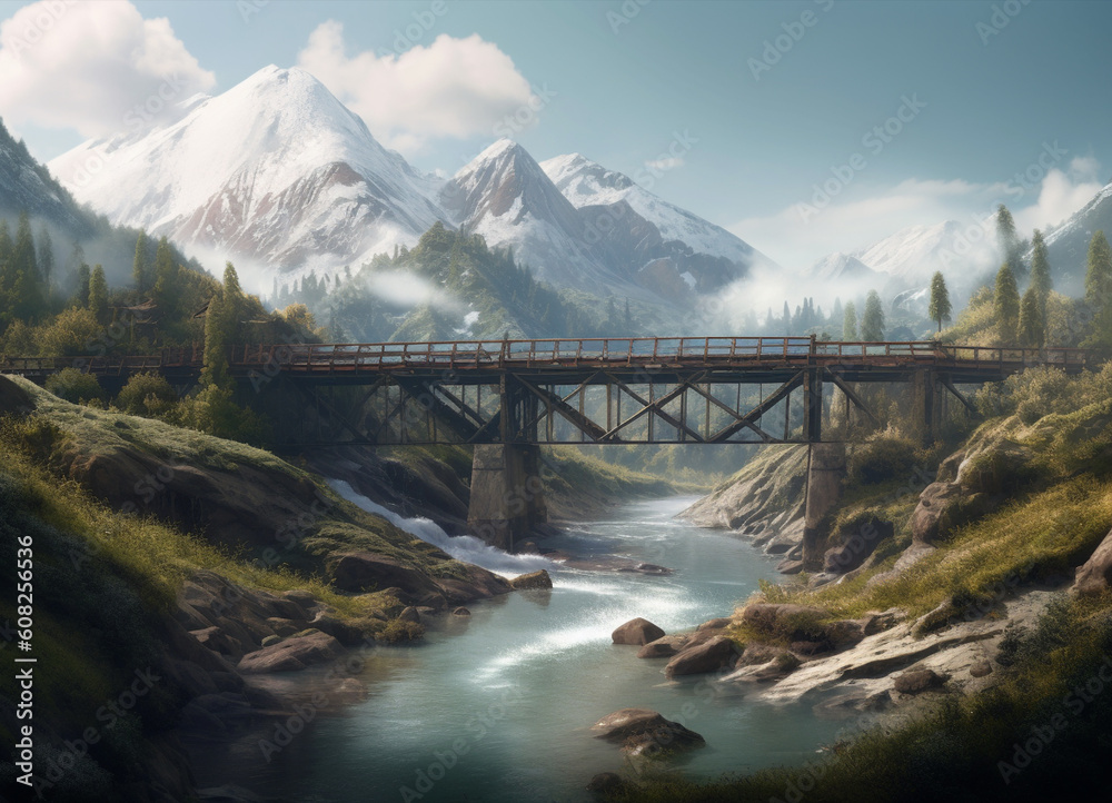 A captivating view of a charming bridge above a river spanning a gorge ...