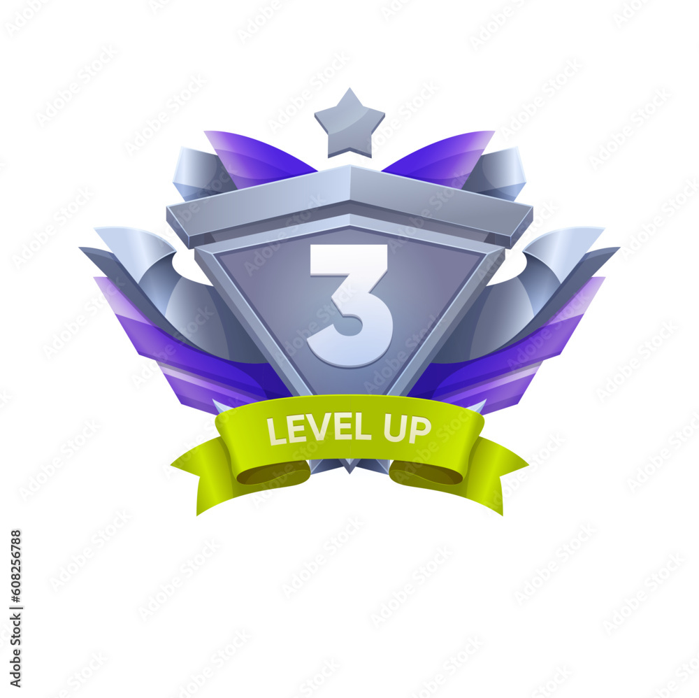 Vetor de Level up game badge, rank or bonus award medal with star, vector UI trophy icon. 3 ...