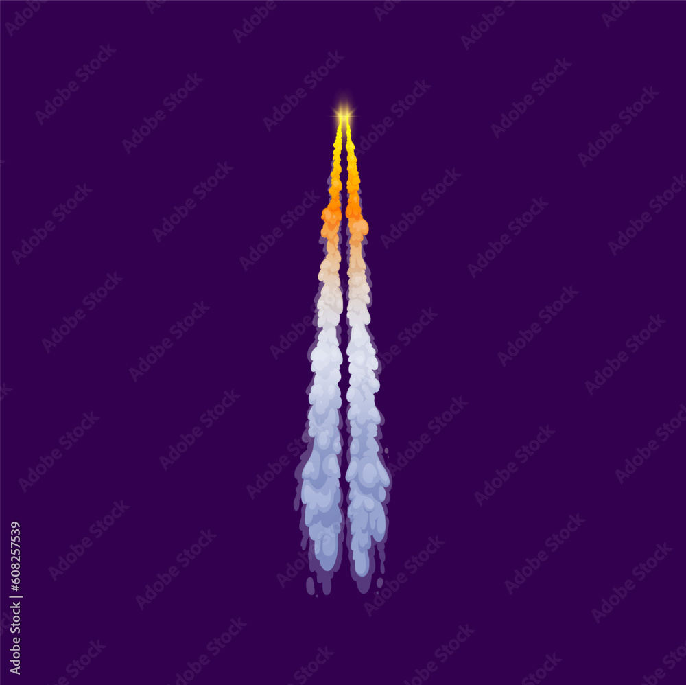Cartoon rocket smoke trail with jet fire and steam clouds. Vector ...