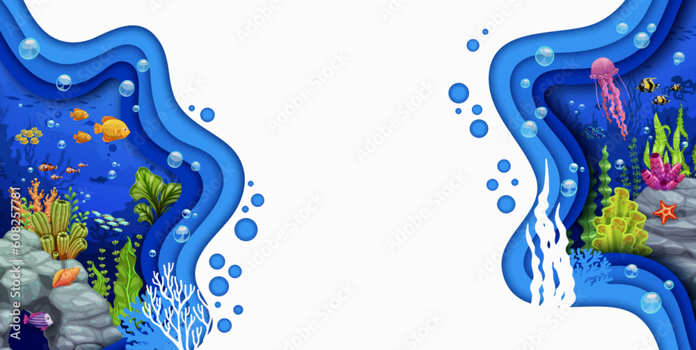 Cartoon banner or poster, sea paper cut with underwater landscape ...