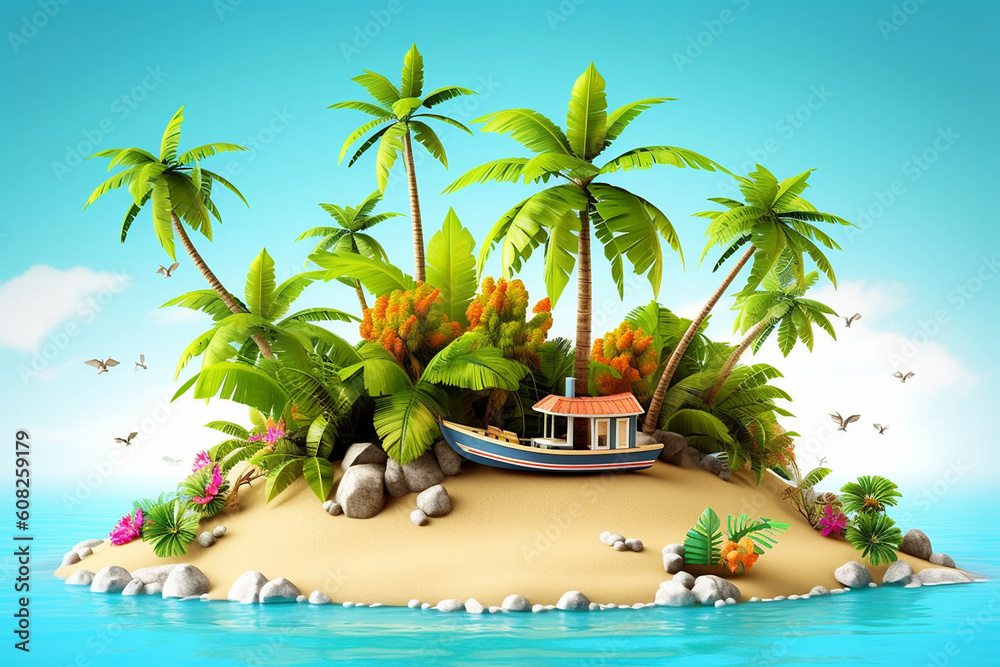 Cute little floating island with grass, palm trees, sand and sea ...
