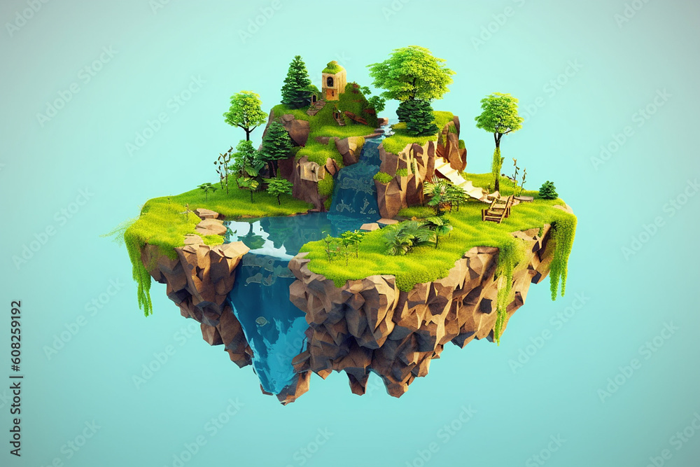 Cute little floating island with grass, palm trees, sand and sea ...
