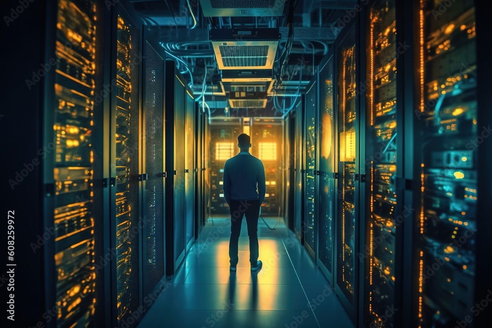 IT professional providing tech support, seen from the back, working in ...