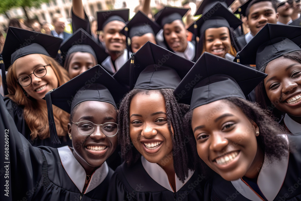 Generative AI illustration of cheerful African American graduating young students in black gown ...