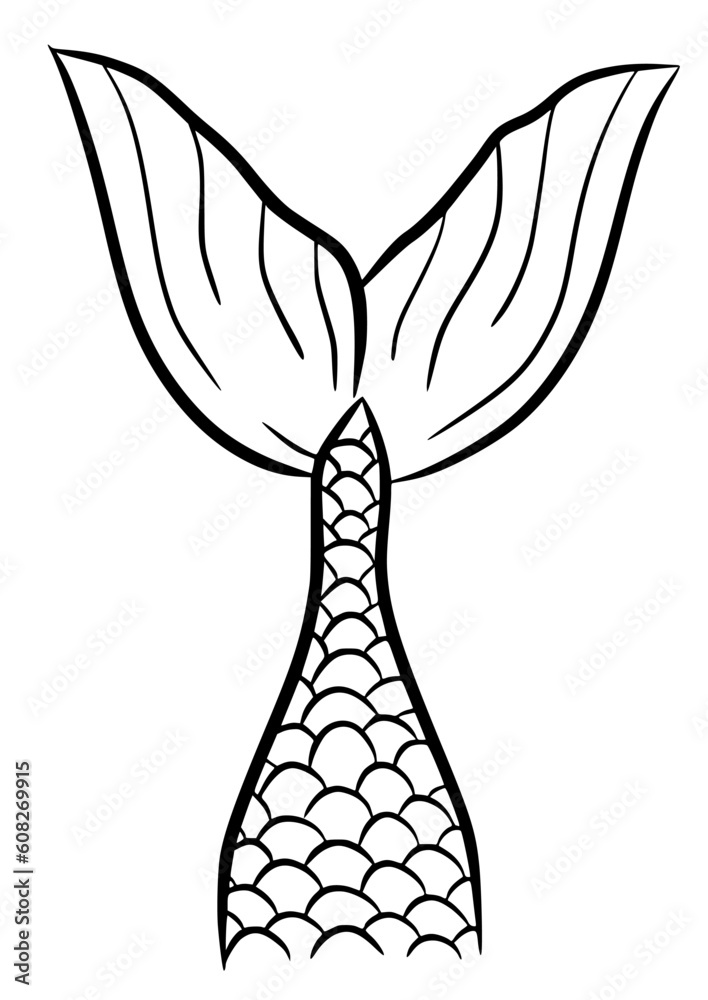Mermaid tail cute vector icon. Line sea fish hand drawn silhouette ...