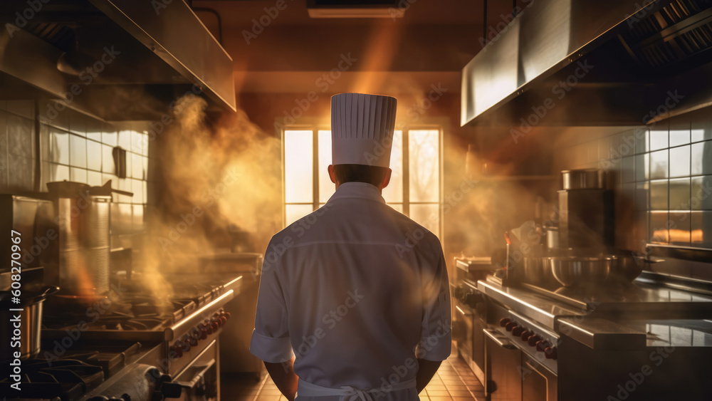 Back view of confident male chef standing in modern kitchen. Generative ...