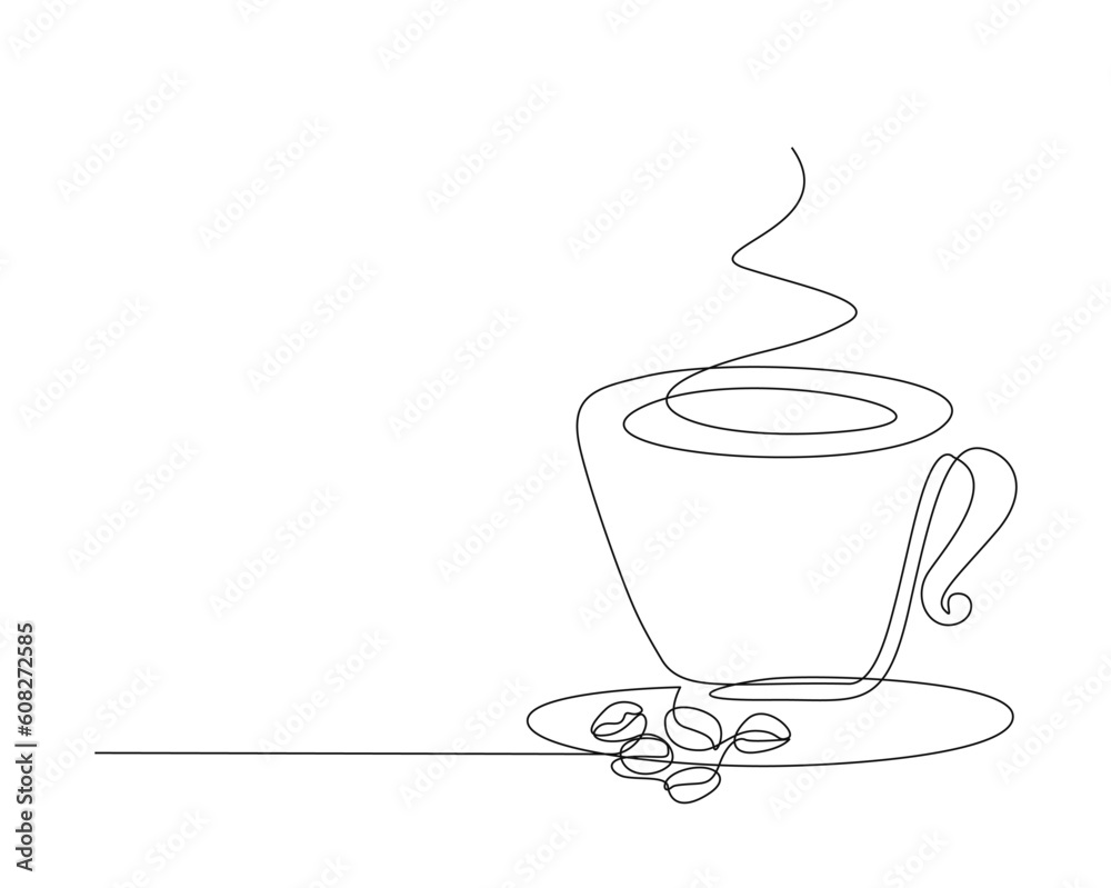 Continuous one line drawing of a cup coffee with bean and steam. A cup ...