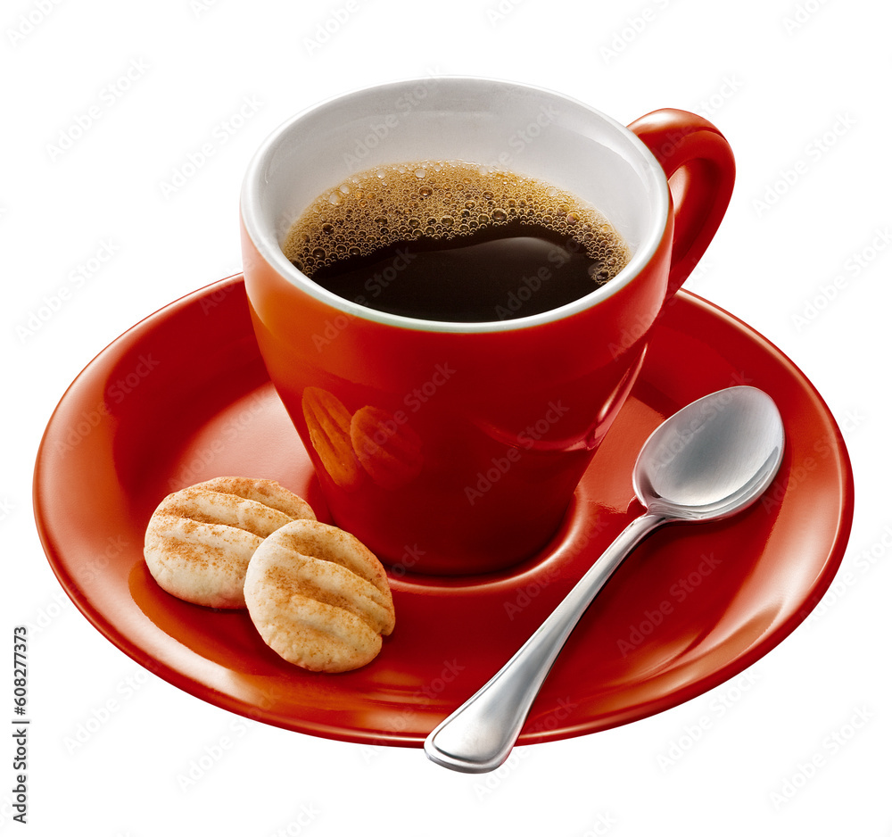 xícara vermelha com café expresso fresco acompanhado de biscoito assado ...