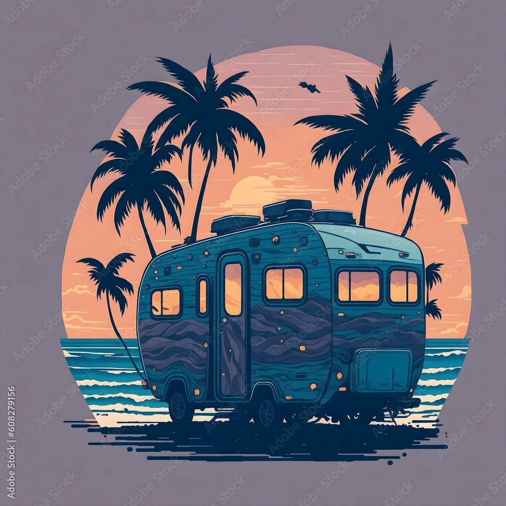 Generative AI - Caravan davanti l'oceano Atlantico con palme al ...