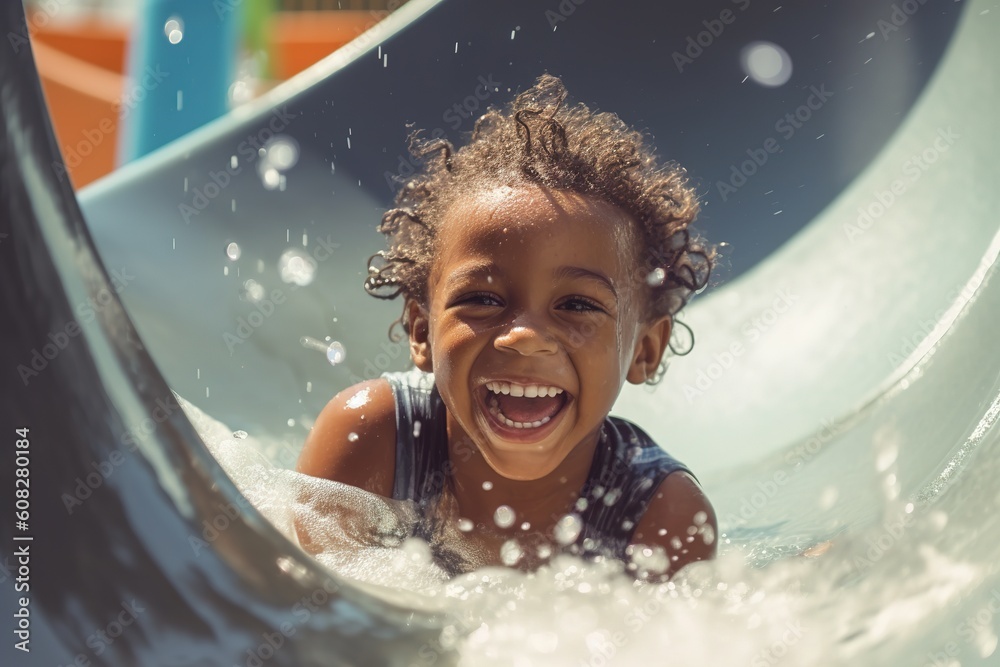 Smiling little African American girl enjoying slider in waterpark ...
