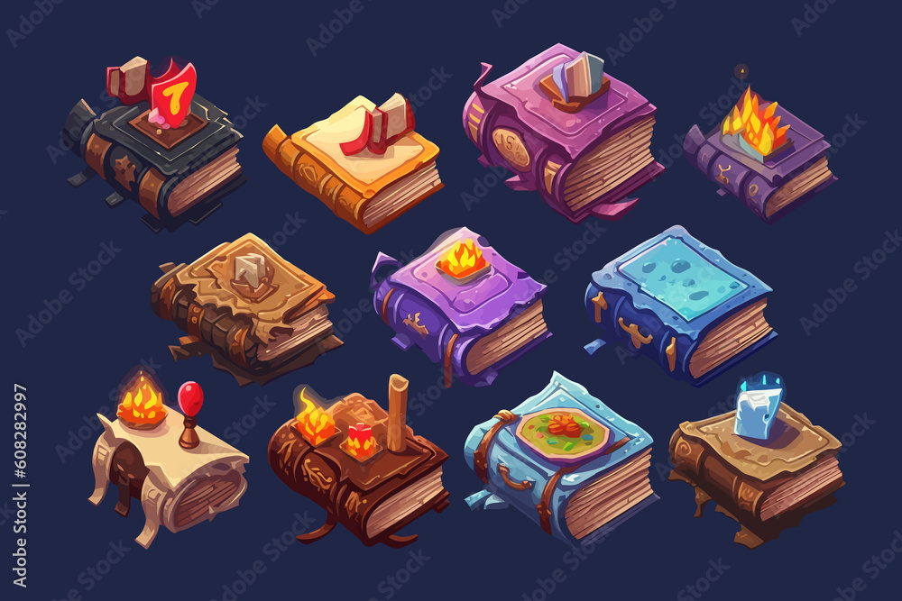 Set isometric old books of magic spells and witchcraft with torn pages ...