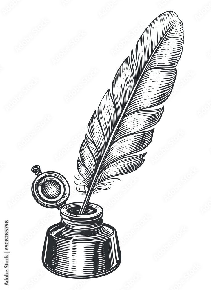 Quill pen and inkwell graphic black white isolated sketch illustration ...