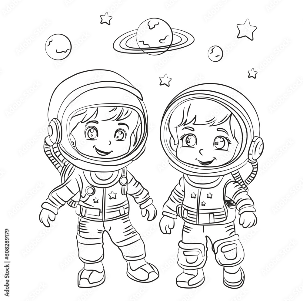 Vector coloring page cheerful little girl and boy Astronauts Stock ...