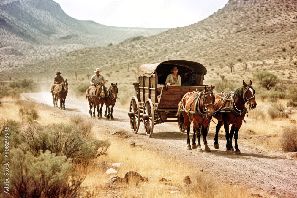 Traditional covered wagon with horse on a trail. Wild west theme ...