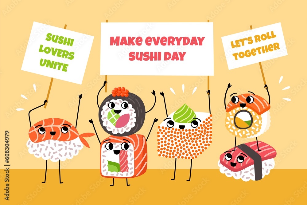Kawaii sushi and rolls. Cute cartoon foods characters, traditional ...