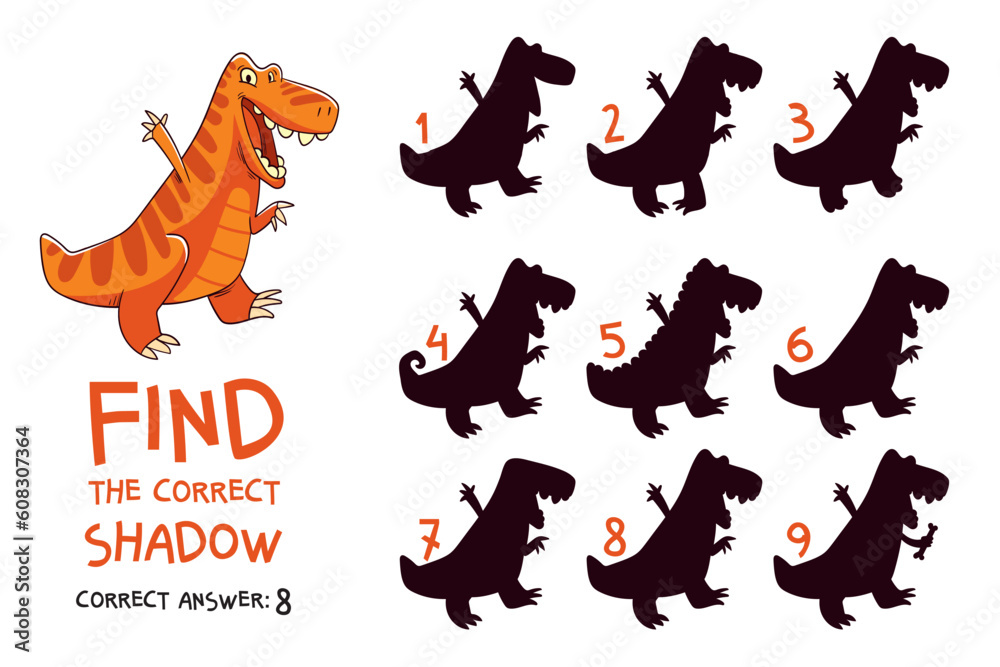 Find the correct shadow. Tyrannosaurus. Educational game for children ...