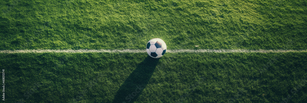 soccer ball sitting on top of green field, top view of football stadium ...