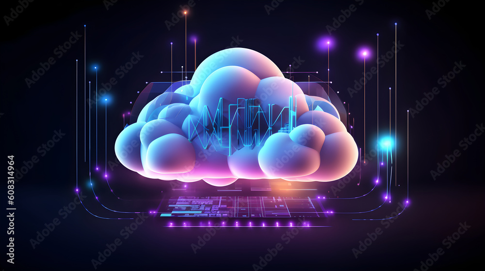 Digital informational technology web futuristic hologram with cloud icon, blue golden light ...