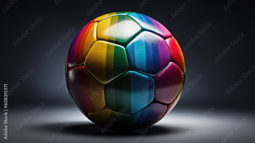 A rainbow colored soccer ball on a black background, pride and ...