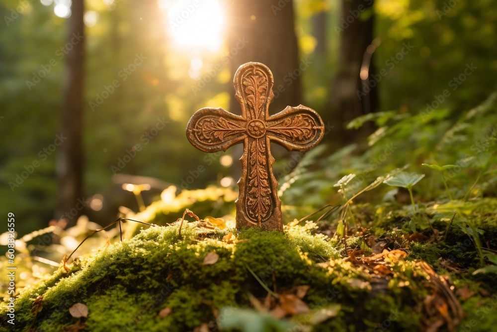 Wooden Cross Symbolizing Jesus Christ, Serenely Nestled Among Verdant ...