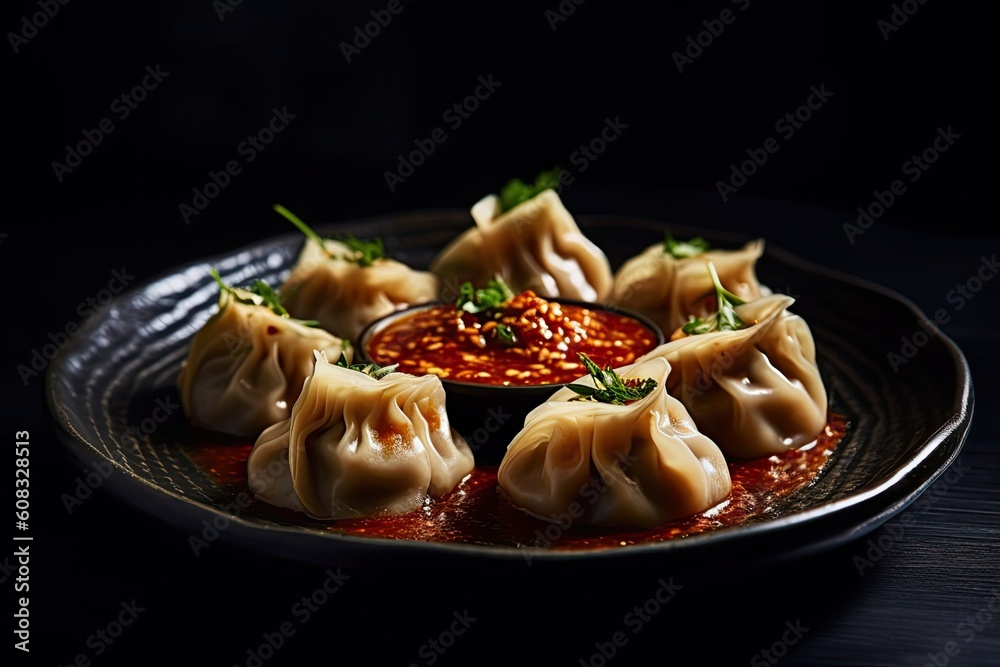 nepali momo dumplings on a plate, black background, illustration ...