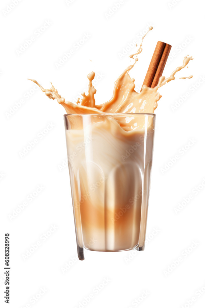 spiced chai latte splashing in a glass isolated on a transparent ...