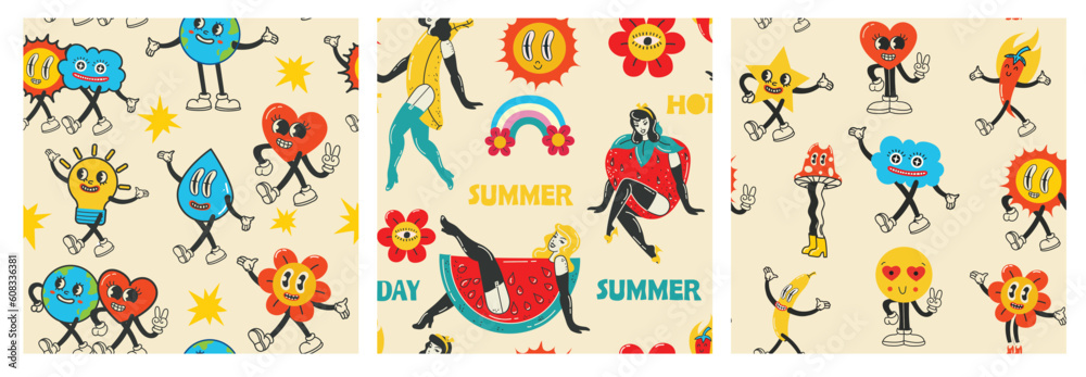 Colorful funny happy face label seamless pattern set. Collection of ...