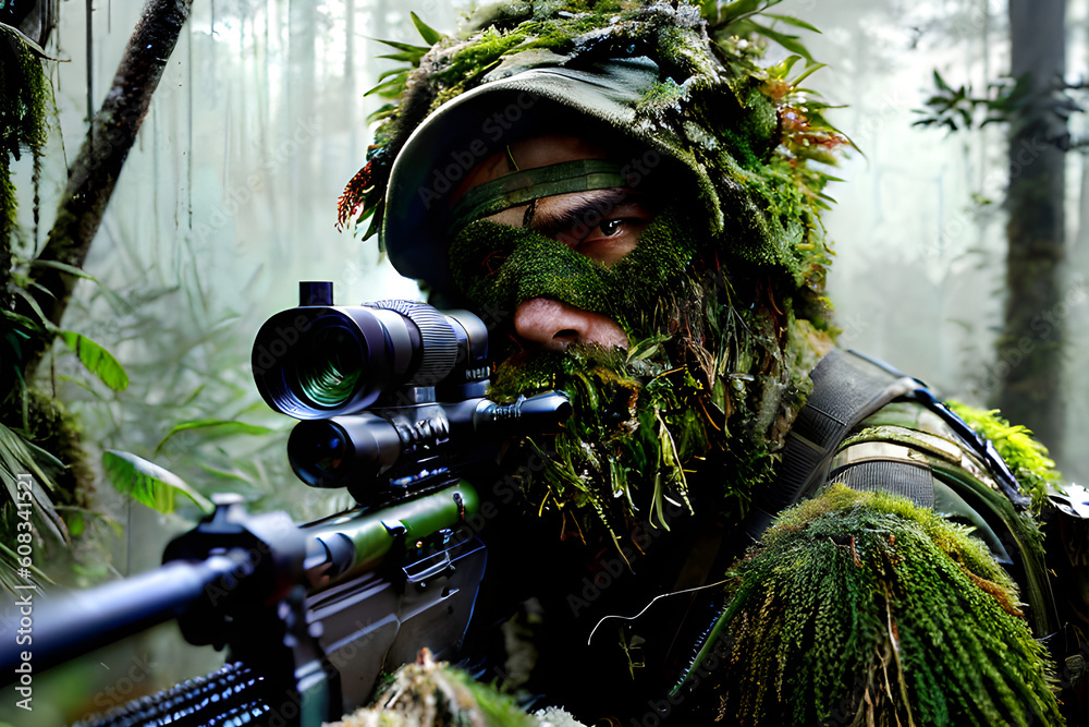 Armed infantry special forces sniper staying hidden in a tropical ...